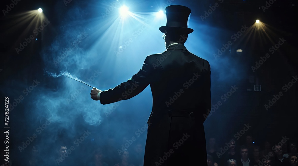 Back view of a man performing magic tricks on a dark stage in a circus ...