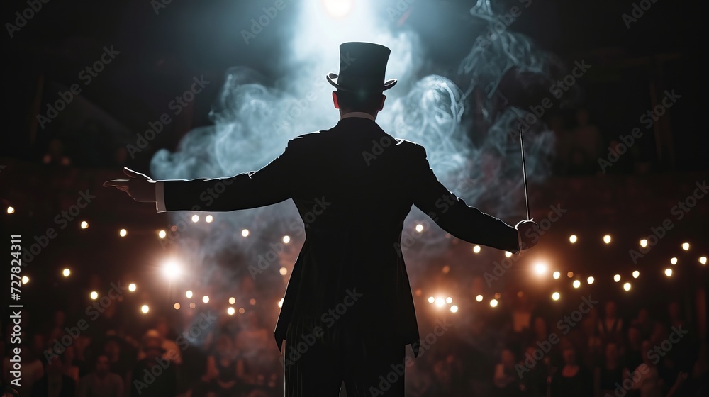 Back view of a man performing magic tricks on a dark stage in a circus ...