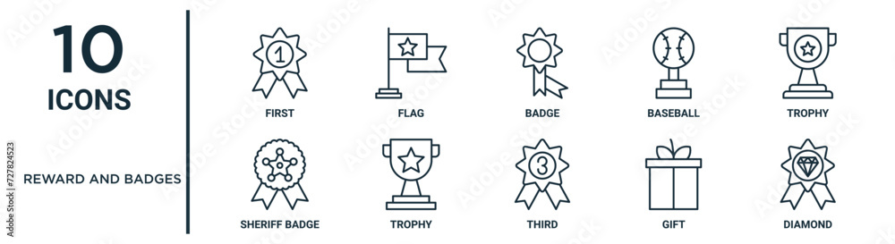 reward and badges outline icon set such as thin line first, badge ...