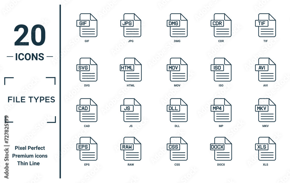 file types linear icon set. includes thin line gif, svg, cad, eps, xls ...