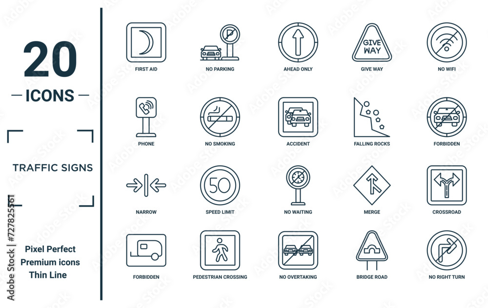 traffic signs linear icon set. includes thin line first aid, phone ...