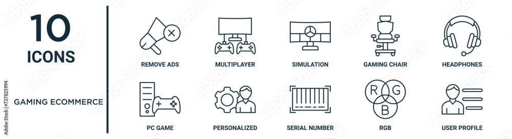 gaming ecommerce outline icon set such as thin line remove ads ...