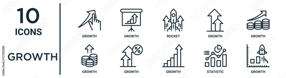 growth outline icon set such as thin line growth, rocket, growth ...