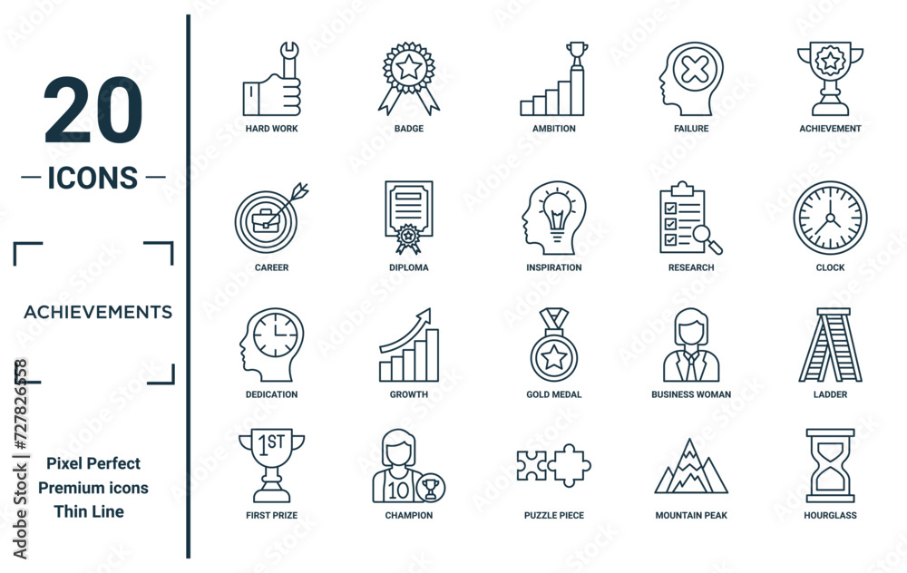 Vetor do Stock: achievements linear icon set. includes thin line hard ...