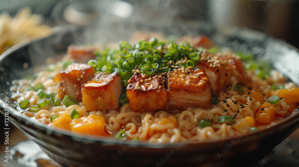 Delicious ramen noodles with fried turkey pieces and roasted vegetables ...
