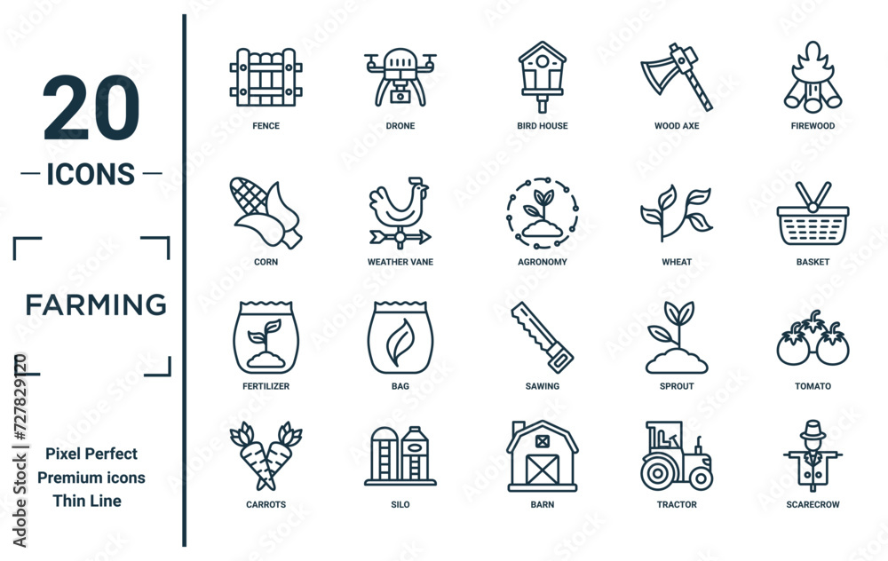farming linear icon set. includes thin line fence, corn, fertilizer ...