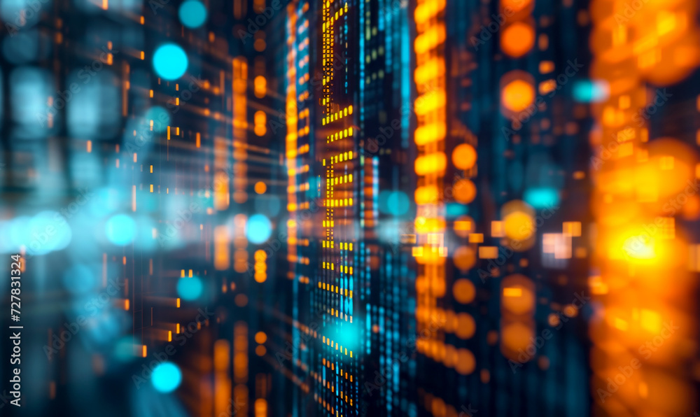 Abstract background with code. Digital data flowing through cyberspace with glowing orange and ...