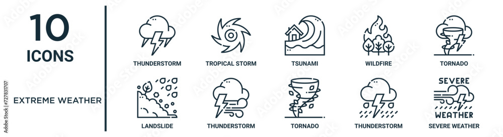 extreme weather outline icon set such as thin line thunderstorm ...