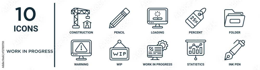 Vetor de work in progress outline icon set such as thin line ...