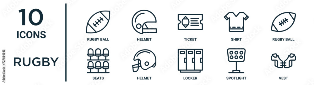 rugby outline icon set such as thin line rugby ball, ticket, rugby ball ...