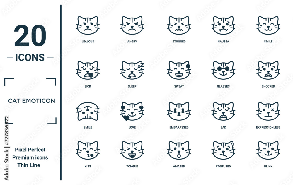 cat emoticon linear icon set. includes thin line jealous, sick, smile ...