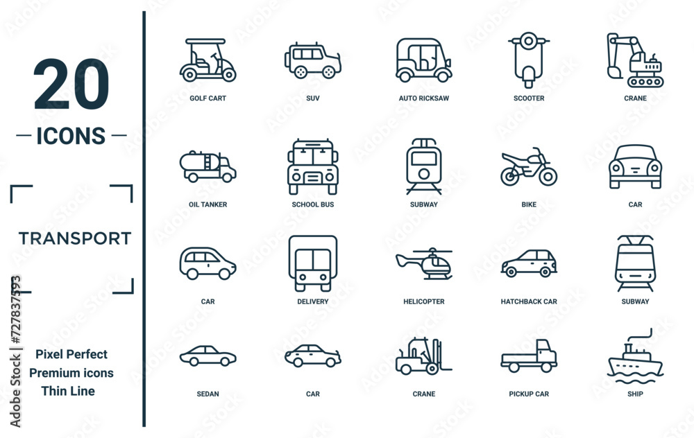transport linear icon set. includes thin line golf cart, oil tanker ...