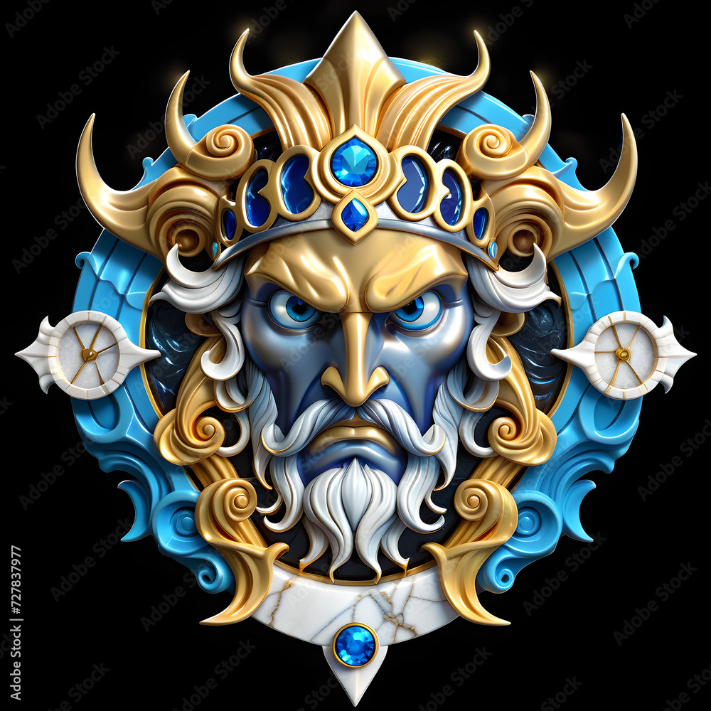 A gold and blue gems Poseidon head metal emblem. 3D style artifact ...