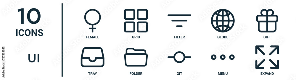 ui outline icon set such as thin line female, filter, gift, folder, menu, expand, tray icons for ...