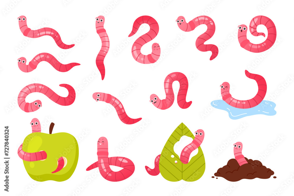 Funny pink worms set. Cute happy earthworms characters eat apple or ...