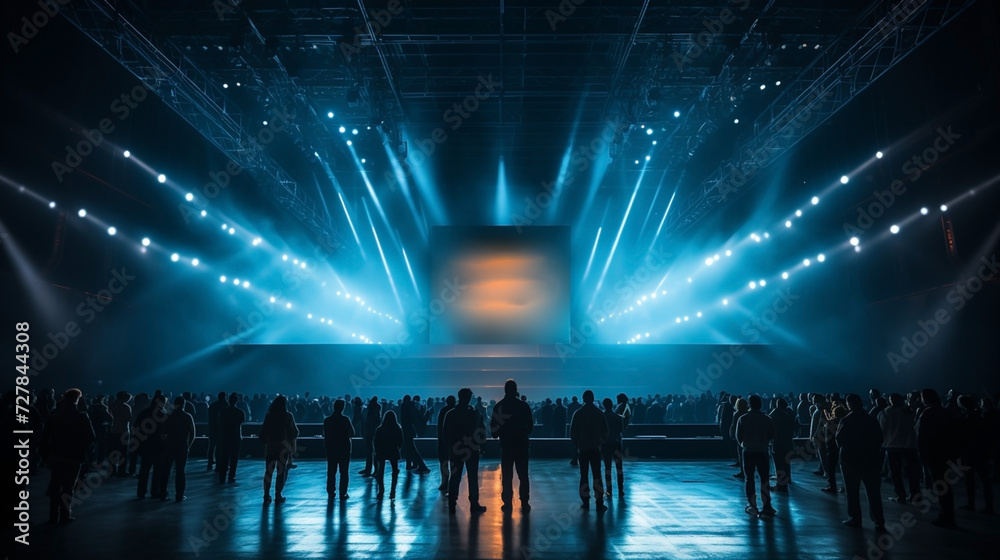 People looking at a bright color screen in a blue color stage with ...