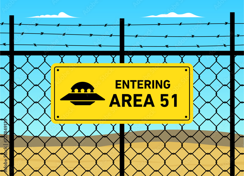 Famous Area 51 behind barbed wire with a UFO sign. Forbidden zone ...