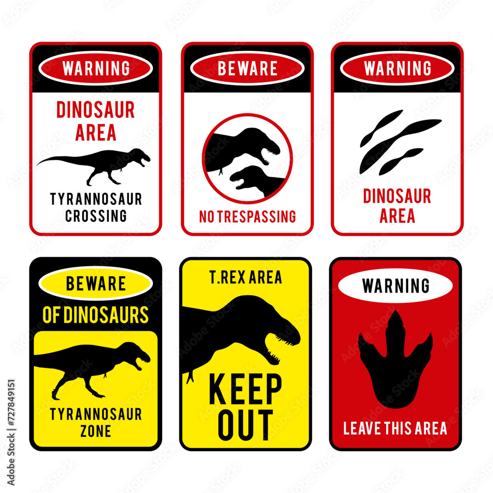 6 different types of danger dinosaur signs. Tyrannosaurus t-rex symbol ...