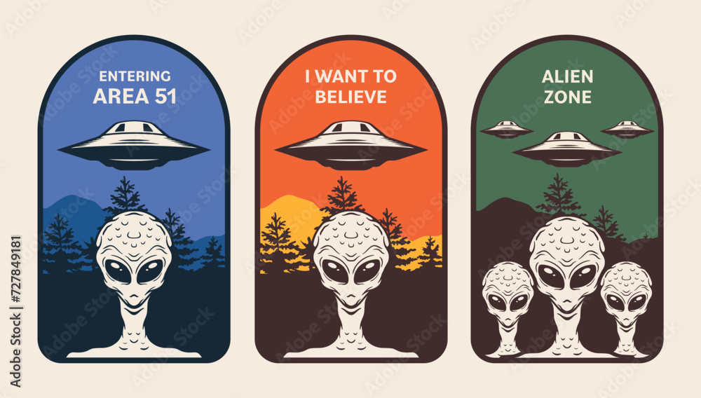 Aliens badges set. UFO UAP. Badges with alien spaceship and humanoids ...