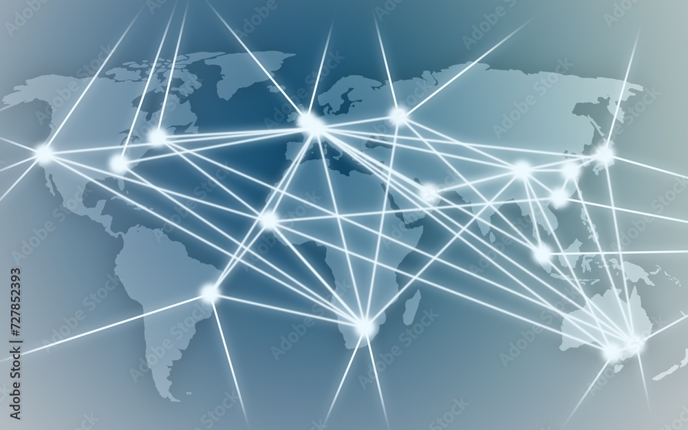 Weltkarte mit Verbindungen zwischen Städten auf blauem Hintergrund mit ...