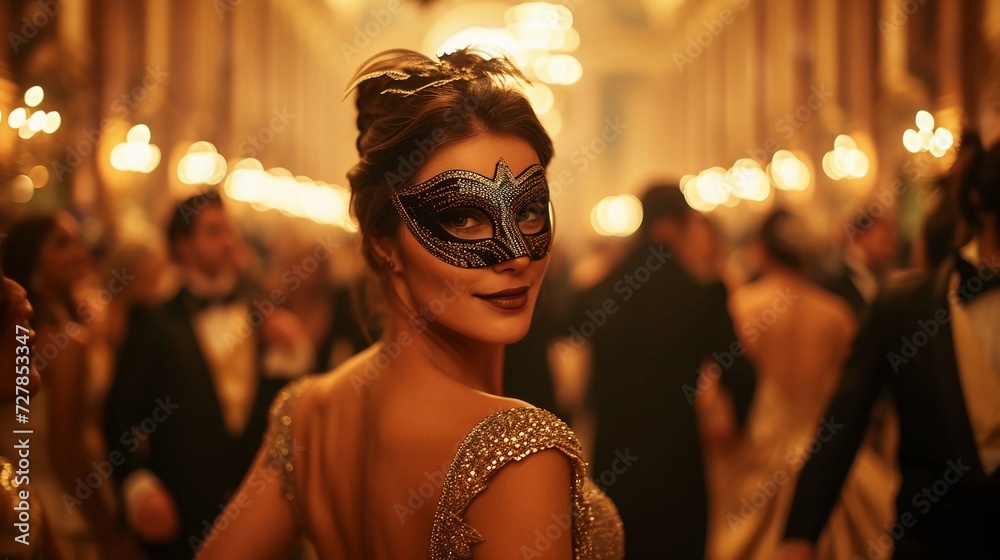 Woman in a Sparkling Gold Dress and Mask. Elegant masquerade ball in a ...