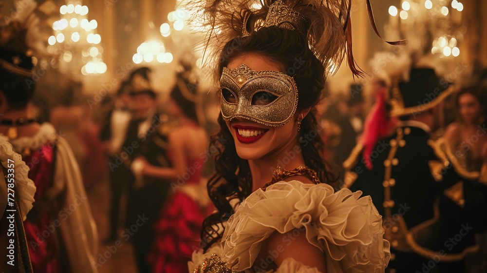 Woman with Glistening Gold Mask and Feathers. Elegant masquerade ball ...