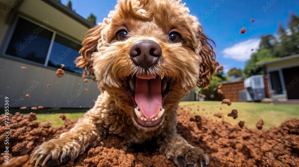 A happy Poodle puppy is frolics in the mud at the country house . he ...