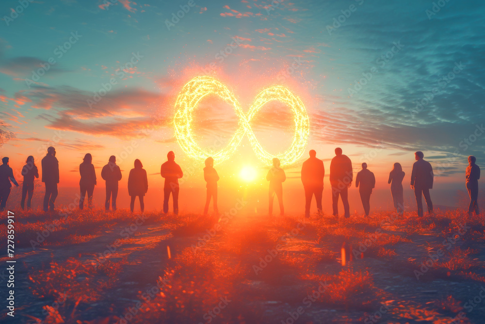 Infinity symbol sign against sunset sky and evening landscape with ...