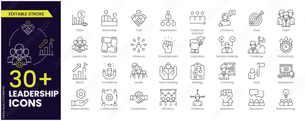 Leadership Stroke icon set. Containing leader, vision, guidance ...