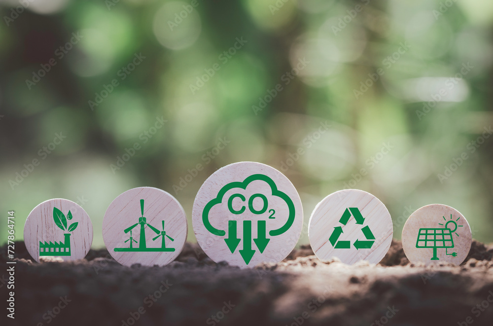 CO2 reducing icon on soil and environment icon for decrease CO2 ...