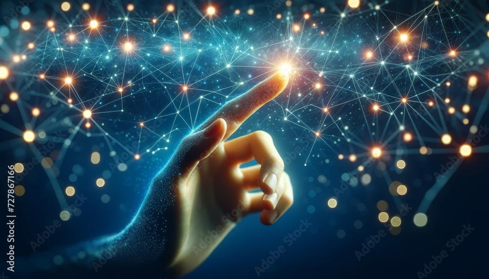 a human hand reaching out towards a complex network of glowing points ...