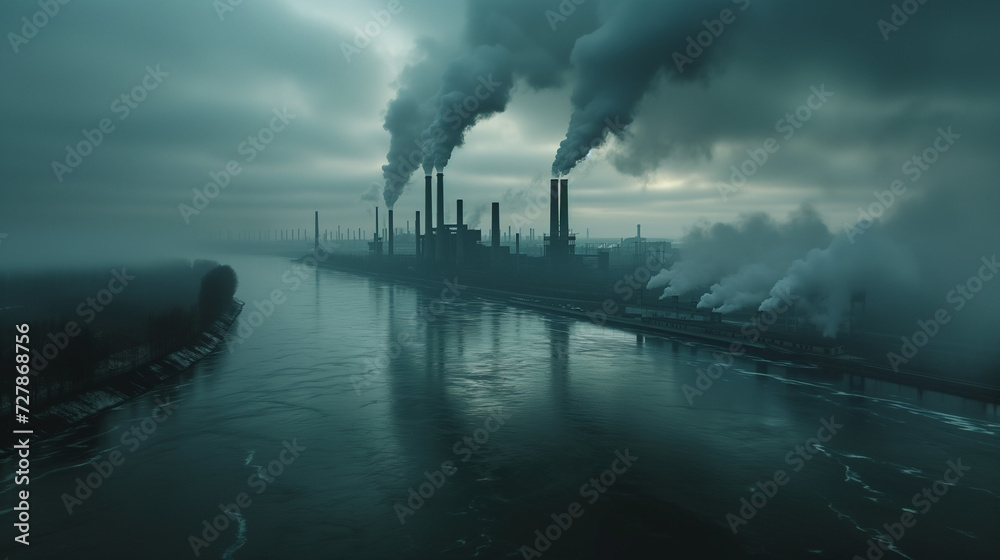 Aerial view of high smoke stack with smoke emission. Plant pipes ...