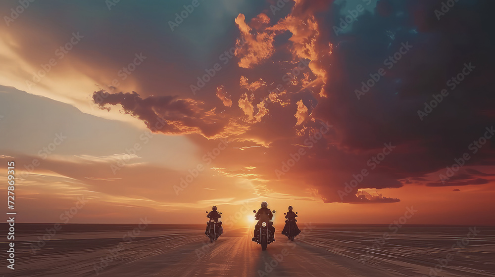 Group of bikers man riding speed motorcycle on empty motion road. The ...
