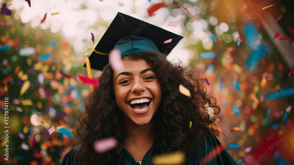 Triumf i radość podczas akademickiej uroczystości absolwentki Stock ...