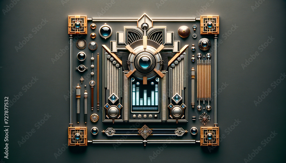 Retro-futuristic digital interface with Art Deco elements representing ...