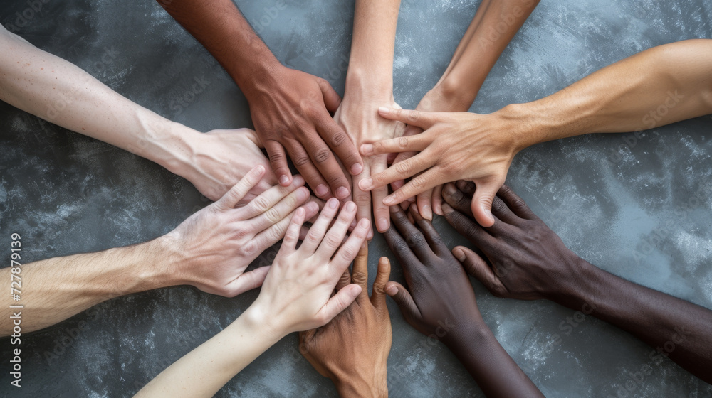 overhead view of multiple hands of diverse skin tones coming together ...