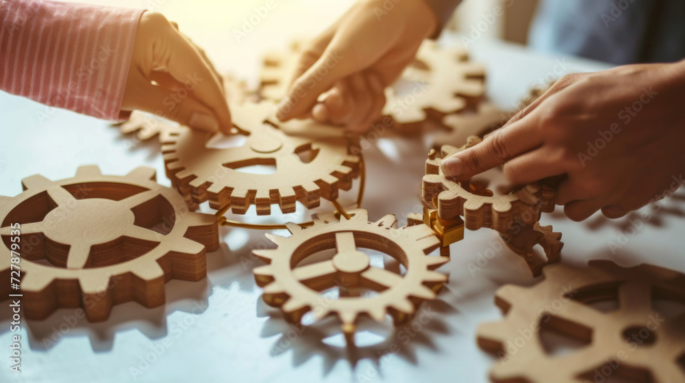 people's hands engaging with large interlocking wooden gears on a white ...