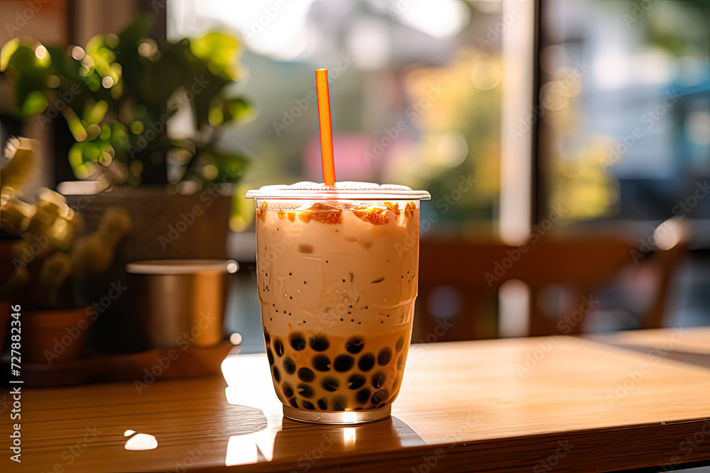 Discover the colorful world of Bubble Tea on a charming wooden table ...