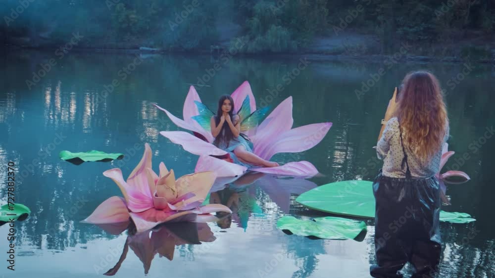 Shooting backstage of filming process, woman photographer take a ...