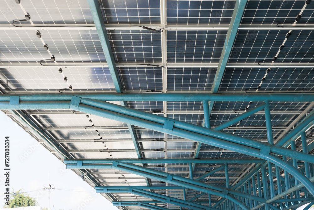 Solar car parking or parking lot at outdoor. Roof canopy covered or construction from solar ...