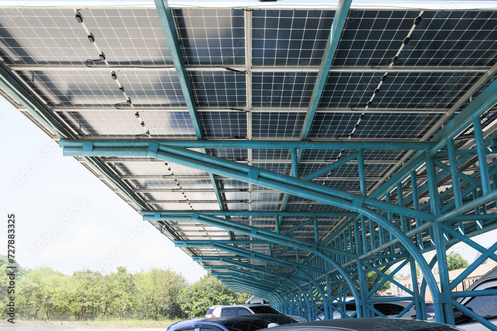 Solar car parking or parking lot at outdoor. Roof canopy covered or ...