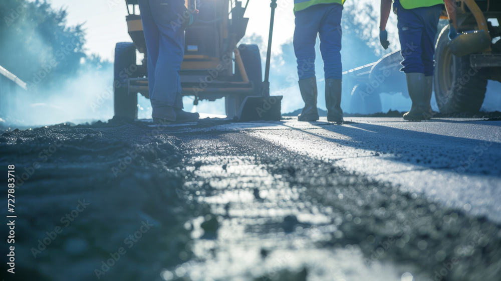 Road construction workers' teamwork, tarmac laying works at a road ...