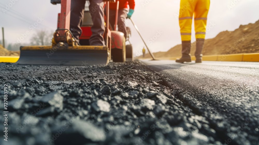 Road construction workers' teamwork, tarmac laying works at a road ...
