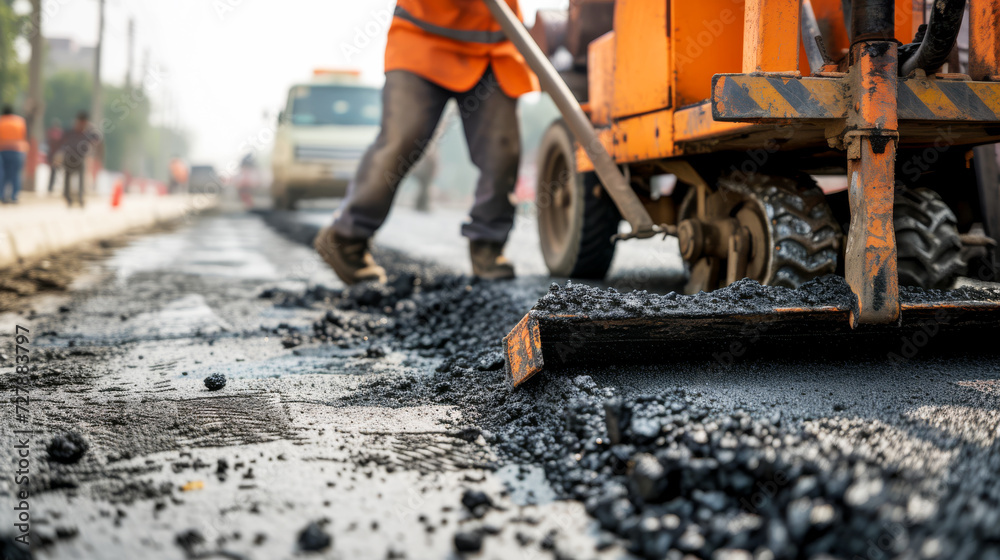 Road construction workers' teamwork, tarmac laying works at a road ...