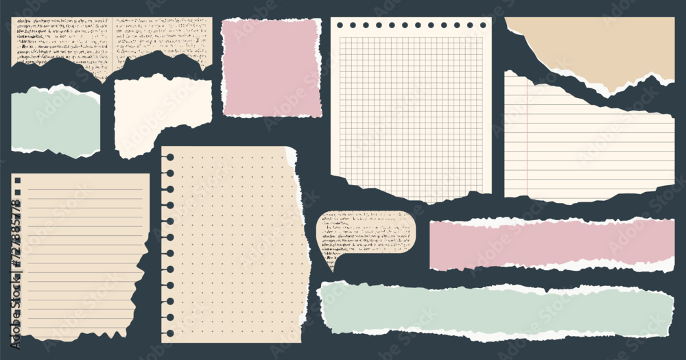 Paper scraps with torn edges. A set of torn paper, shreds of notebook ...