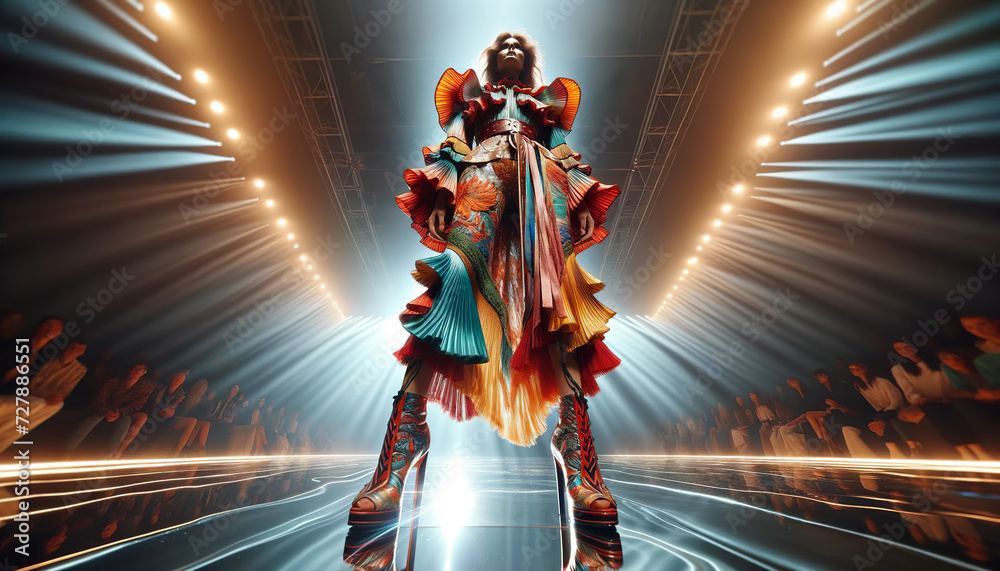 She stands on a majestic mannequin on the catwalk in an extravagant ...