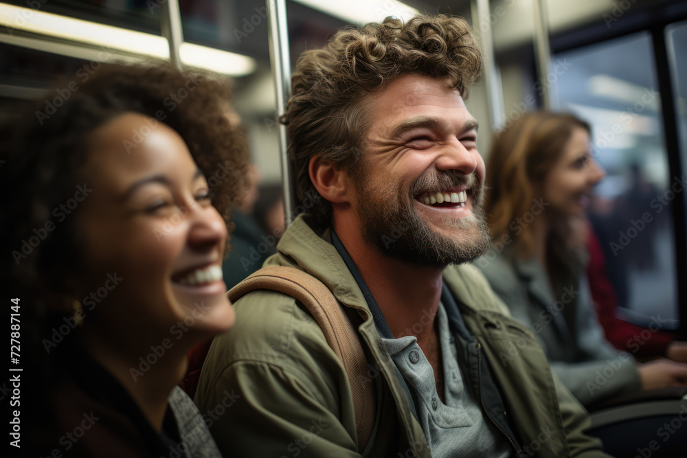 A commuter shares a smile with a fellow passenger on a crowded train ...