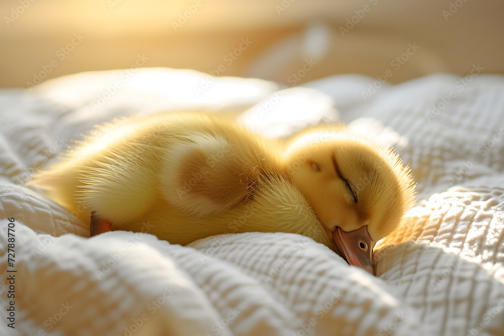 cute little duck sleeping on a pillow, warm soft bed. yellow duckling ...