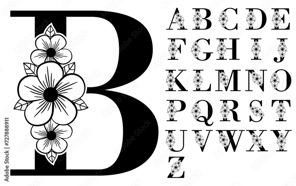 Floral monogram Letter Set A-Z SVG , Floral Font Vector Design, Floral ...