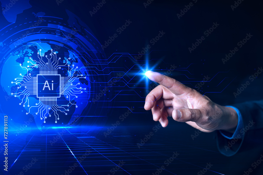 AI ,Business visionary points to AI letter icon on a world map, symbolizing the strategic ...